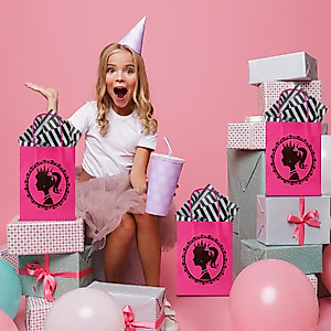 XUWAIDSGN Hot Pink Girls Party Favor Gift Bags with Stripe Tissue Paper Princess Paper Goodie Bags with Handles Cute Treat Bags for Birthday Theme Party Girls Party (24)