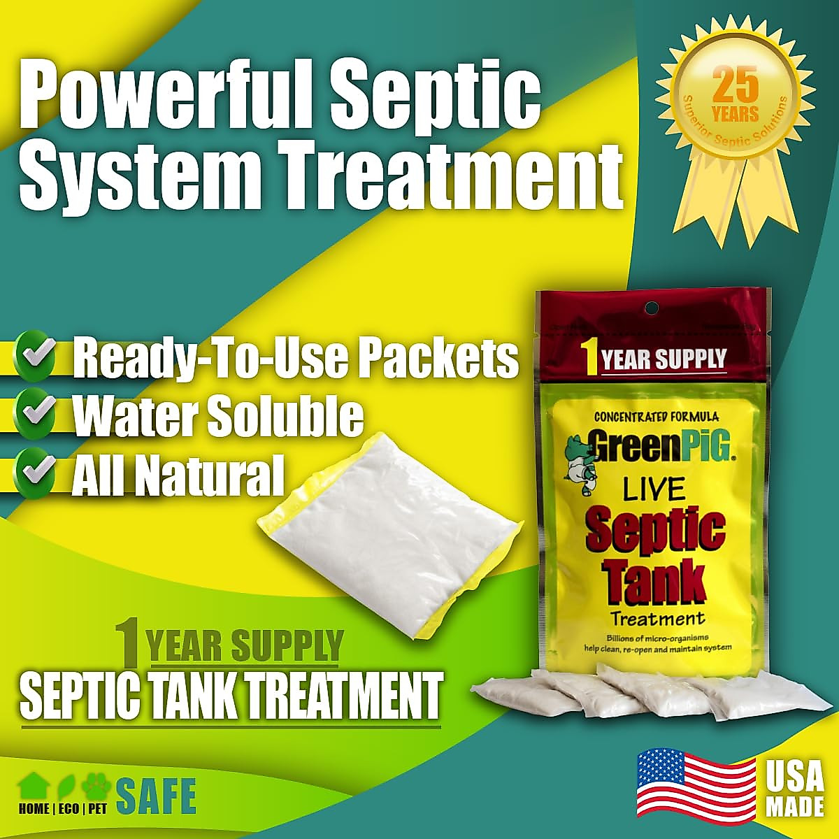 GREEN PIG 52 Live Tank Treatment Aids in The Breakdown of Septic Waste to Prevent Backups with Easy Dissolvable Flush, Consumer Strength