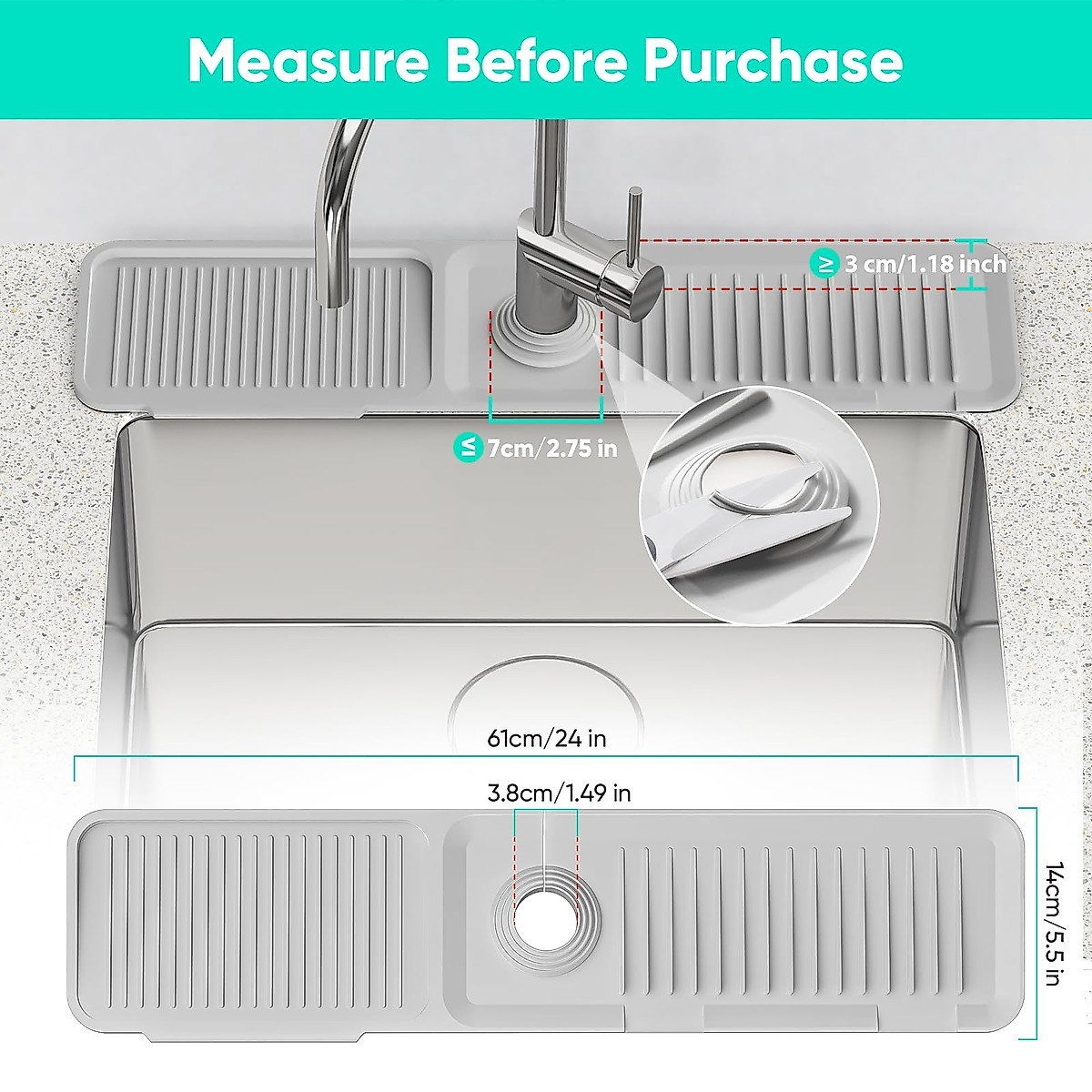 24 Inch Longer Faucet Mat for Kitchen Sink [5°Slope Fast Self-draining]Bathroom Kitchen Sink Splash Guard Silicone Sink Faucet Mat Splash Guard Kitchen Sink Area Tidy Splash Faucet Guard Draining Mat