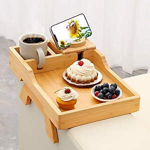 BAMBOOTRAY Couch Arm Tray, Multi-Function Folding Sofa Armrest Tray with 360°Rotating Phone&Pad Bracket, TV Tray for Eating and Beverage