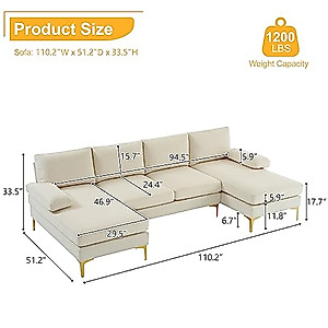 Karl home Convertible Sectional Sofa 110" U-Shape Sofa Couch 4-Seat Couch with Chaise Fabric Upholstered for Living Room, Apartment, Office, Beige