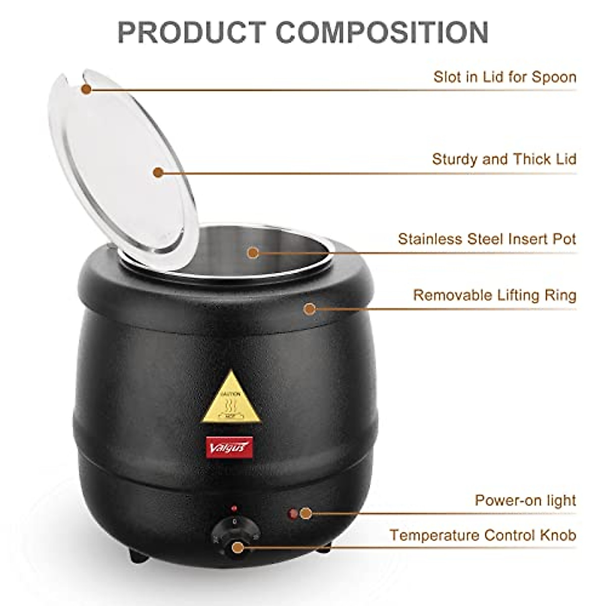 Valgus Commercial Grade 10.5QT Soup Kettle Warmer with Stainless Steel Hinged Lid, Detachable Pot,Temperature Control Knob for Big Family Gathering and Restaurant, Black