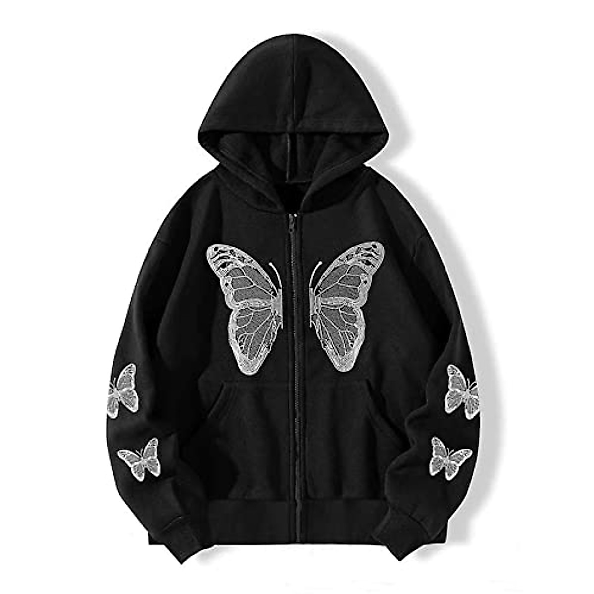 Ethbox Harajuku Women's Zipper Connecting Gothic Butterfly Printing Hatshirt Y2K zipper retro -graphic hoodie (black,Small,Small)