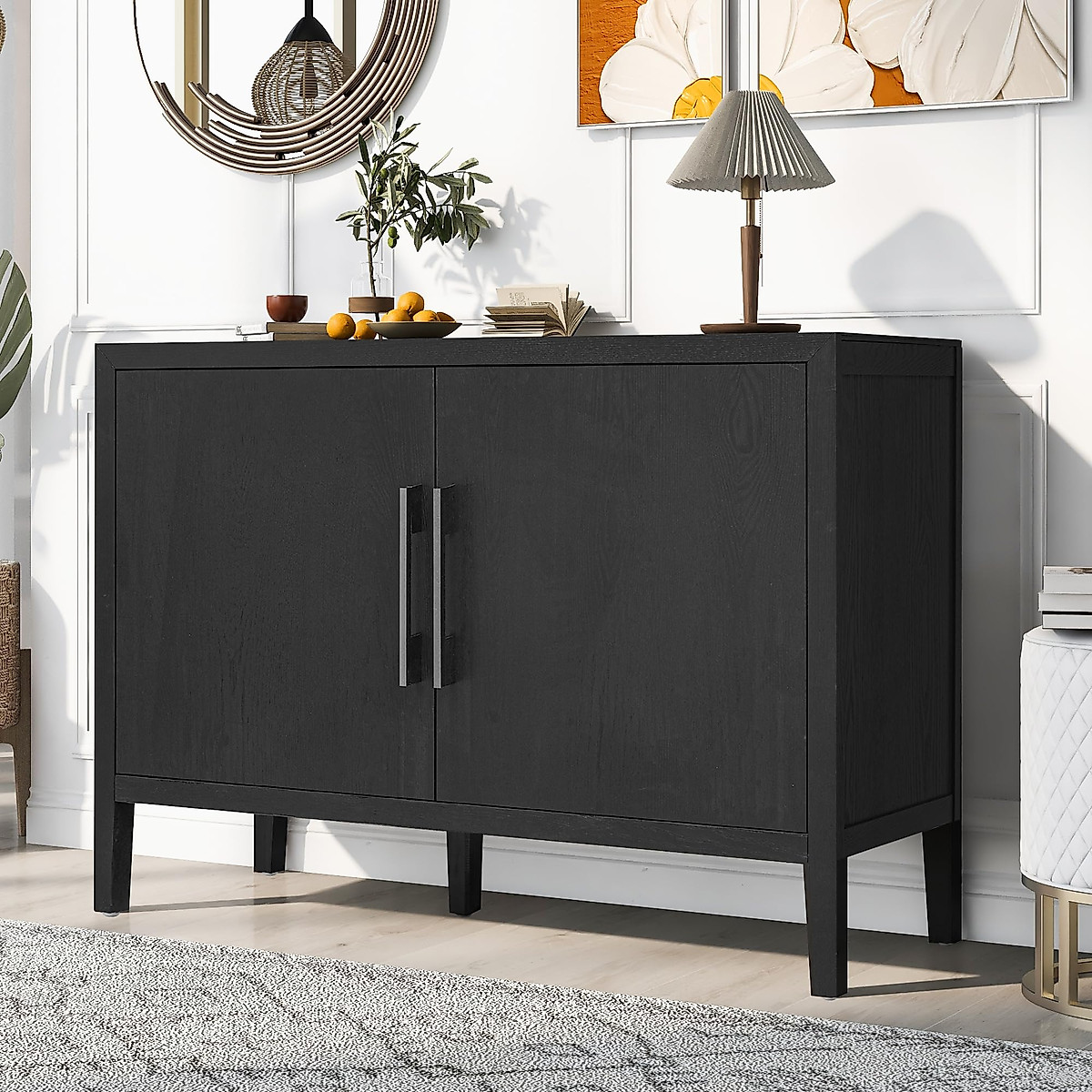 Merax Wood Farmhouse Buffet Sideboard with Metal Handles and 2 Doors, Coffee Bar Storge Cabinet Console Table for Living Room Bedroom Kitchen Hallway Black