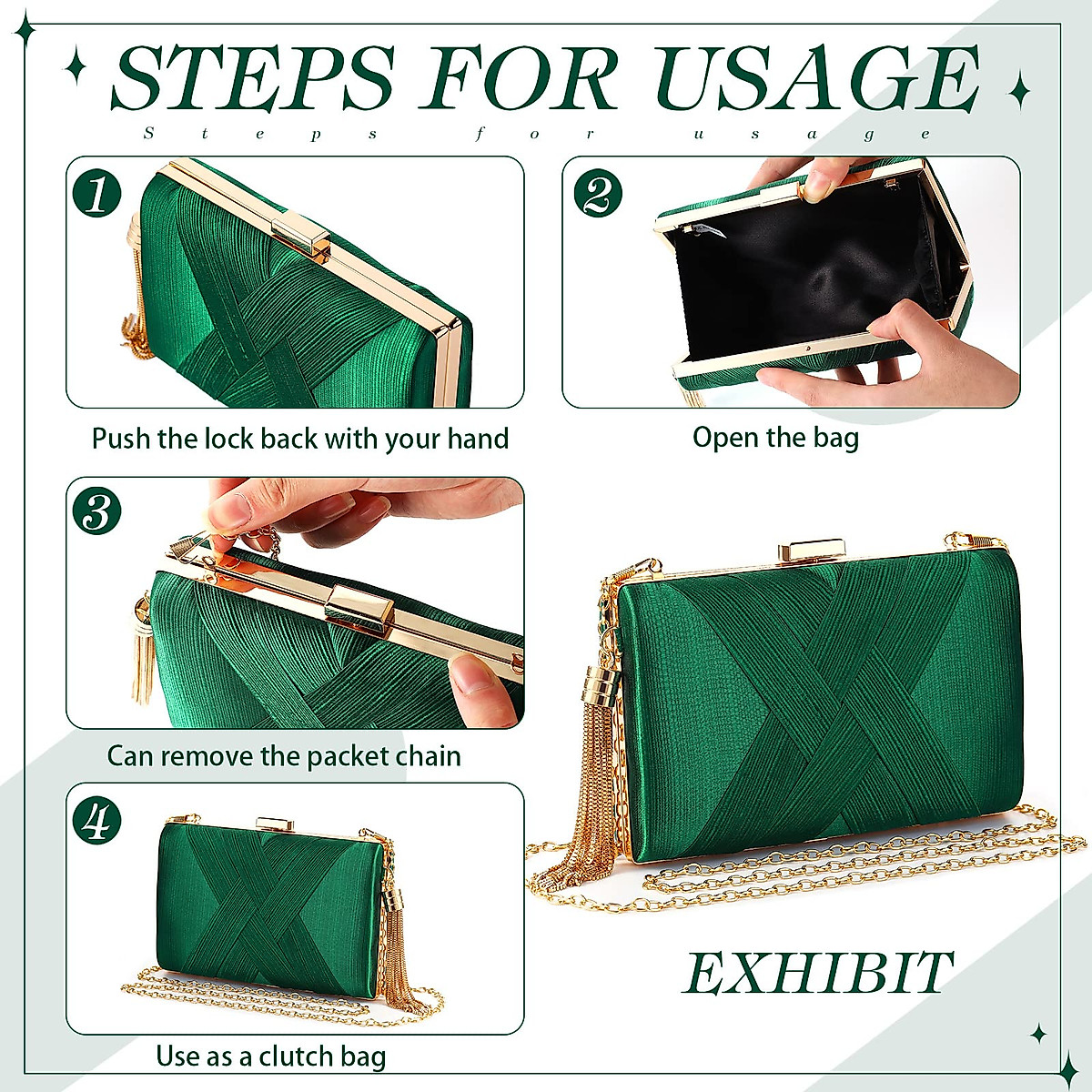 Jadive 3 Pcs Clutch Purses for Women Handbag Evening Purses Bag for Wedding Vintage Banquet Handbag Earrings Necklace Set(Emerald Green)