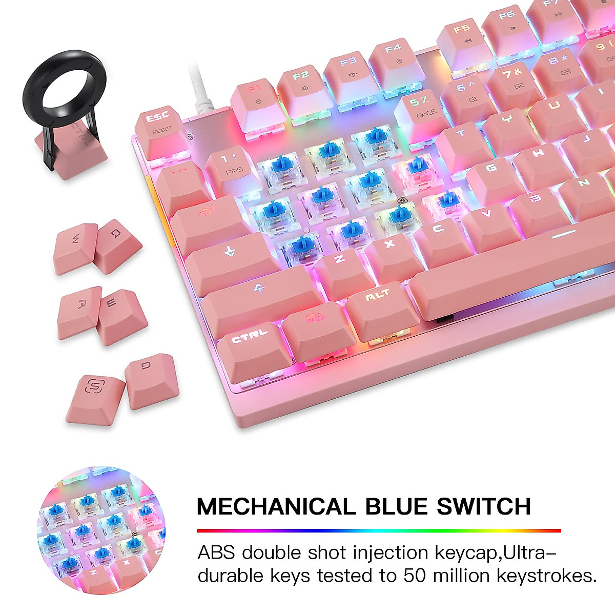 MOTOSPEED Professional Gaming Mechanical Keyboard RGB Led Backlit Wired with Anti-Dust Proof Switches for Gaming Keyboard for Mac & PC (Pink, 87 Key Blue Switches)