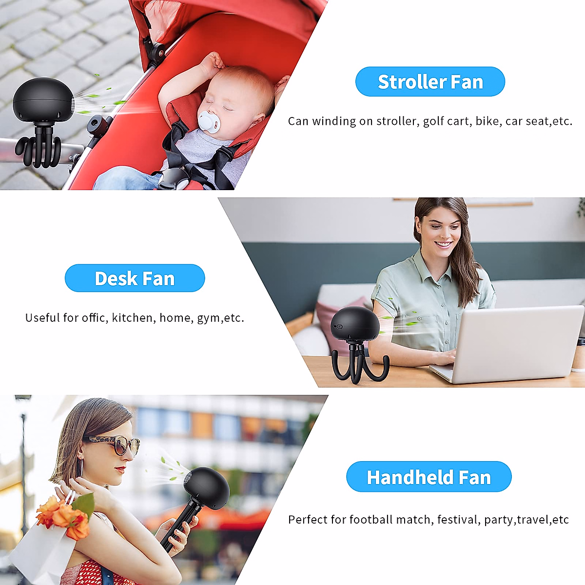 SMARTDEVIL Portable Clip on Stroller Fan, 3000mAh for Baby, 3 Speed Battery Operated Personal Desk Fan with Flexible Tripod, Mini Handheld Fan for Car Seat, Treadmill, Camping (Black(3000mAh))