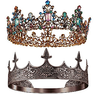 2 Pcs Antique Royal King Crown for Men Baroque Queen Crown for Women Crystal Tiara Crowns Prom Accessories Halloween Costume (Noble Style)