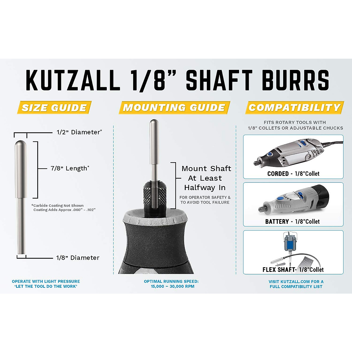 Kutzall Original Ball Nose Rotary Burr, 1⁄8" Shaft, Fine - Woodworking Attachment for Dremel, Foredom, DeWalt, Milwaukee. Abrasive Tungsten Carbide, 1⁄8" (3.1mm) Dia. X 7⁄8" (22.2mm) Length, BN-18-EG