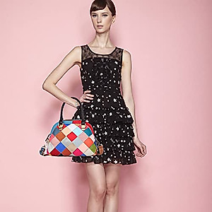 Downupdown Genuine Leather Handbags Women Top Handle Handbags Multicolor Square Splice Satchel Bag Tote Purse with Long Strap