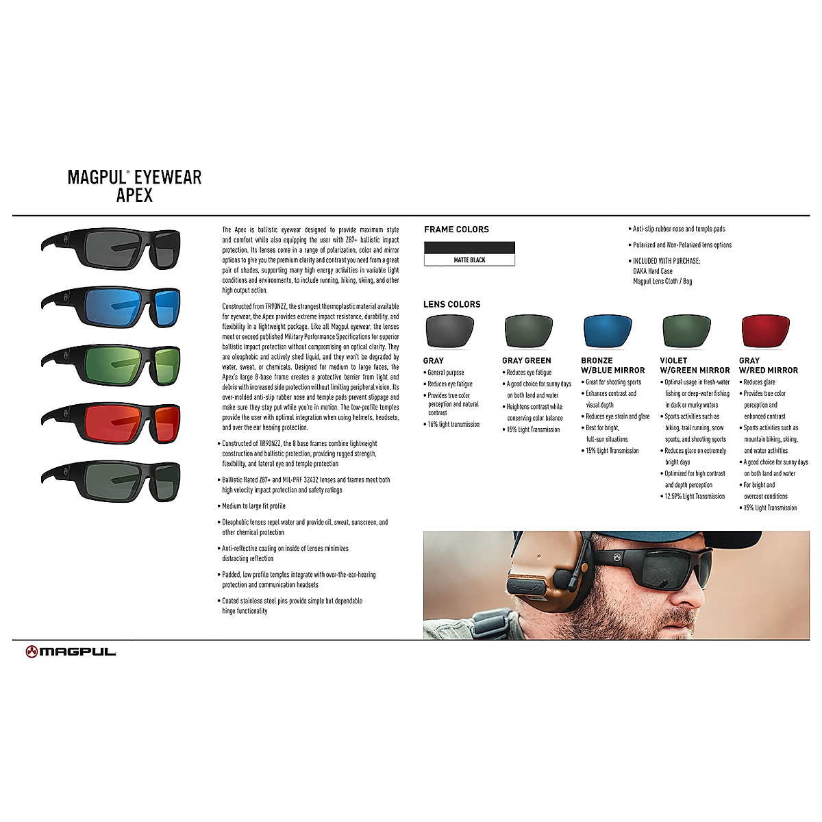 Magpul unisex adult Apex Sunglasses Tactical Ballistic Sports Eyewear Shooting Glasses for Men Sunglasses, Gray Green (Polarized), One Size US