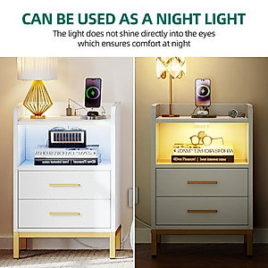 YITAHOME LED Nightstand with Charging Station, Modern Bedside Table with 2 Drawers for Bedroom, End Table with USB Ports and Outlets, Night Stand with Open Storage, Set of 2, White