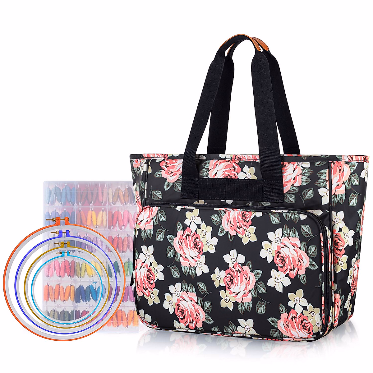 Yarwo Embroidery Project Bag, Embroidery Kits Storage Bag with Multiple Pockets for Embroidery Hoops (Up to 11.2"), Embroidery Floss or Other Embroidery Supplies, Black Peony (Bag Only)