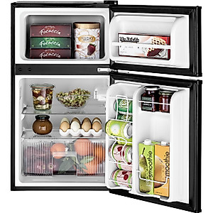 GE Mini Fridge With Freezer | 3.1 Cubic Ft. | Double-Door Design With Glass Shelves, Crisper Drawer & Spacious Freezer | Small Refrigerator Perfect for the Garage, Dorm Room, or Bedroom | Black