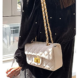 Women's Quilted Shoulder Bag | Chain Link Strap Clutch Purse | Crossbody Mini Messenger Handbag (Beige, Mini)