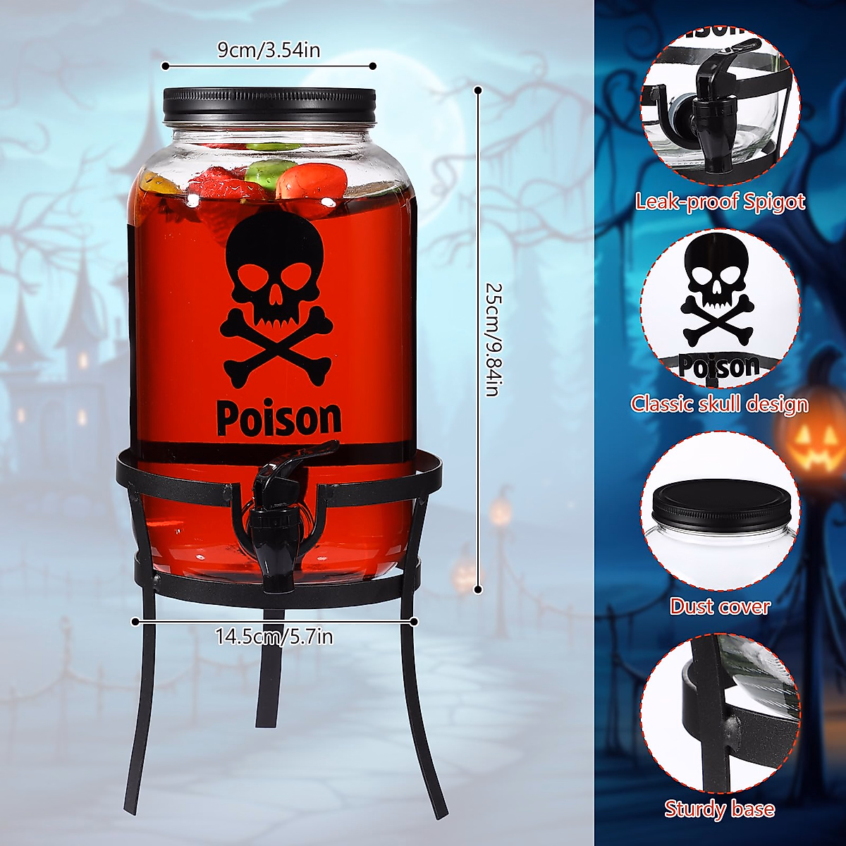 FillTouch 1 Gallon Glass Beverage Dispenser with Metal Stand Stainless Steel Spigot Outdoor Drink Dispenser Glass Drink Container Dispensers for Parties Lemonade Tea Cold Water(Black,Halloween)