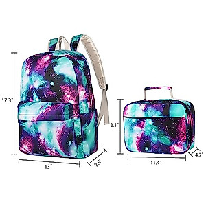 Airyard School Backpack for Teen Girls, Lightweight Girls Womens Backpack with Lunch Box Set Kids Backpack Casual Daypack BookBag (Galaxy Green)