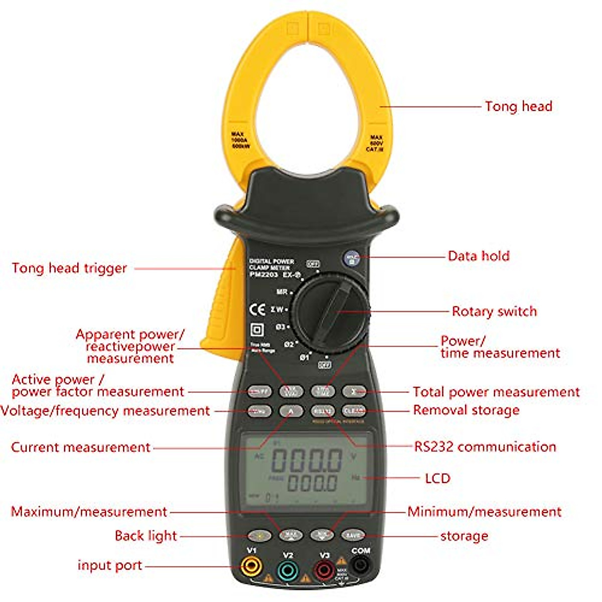 Jeanoko Professional Clamp Meter MS2203 3-Phase Digital Multimeter Power Factor Clamp Meter Digital Clamp Meter