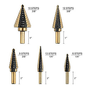 COMOWARE Step Drill Bit Set & Automatic Center Punch- Black and Gold, Double Cutting Blades, High Speed Steel, Short Length Drill Bits Set of 5 pcs, Total 50 Sizes with Aluminum Case
