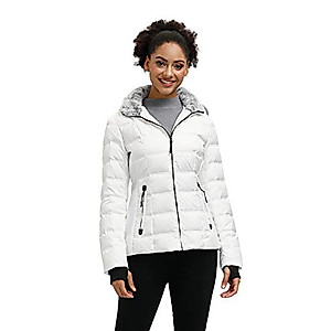 SLOW DOWN Women Midweight Down Puffer Jacket, Warm Hooded Winter Down Jacket for Women with Faux-Fur Hood & Collar (White, L)