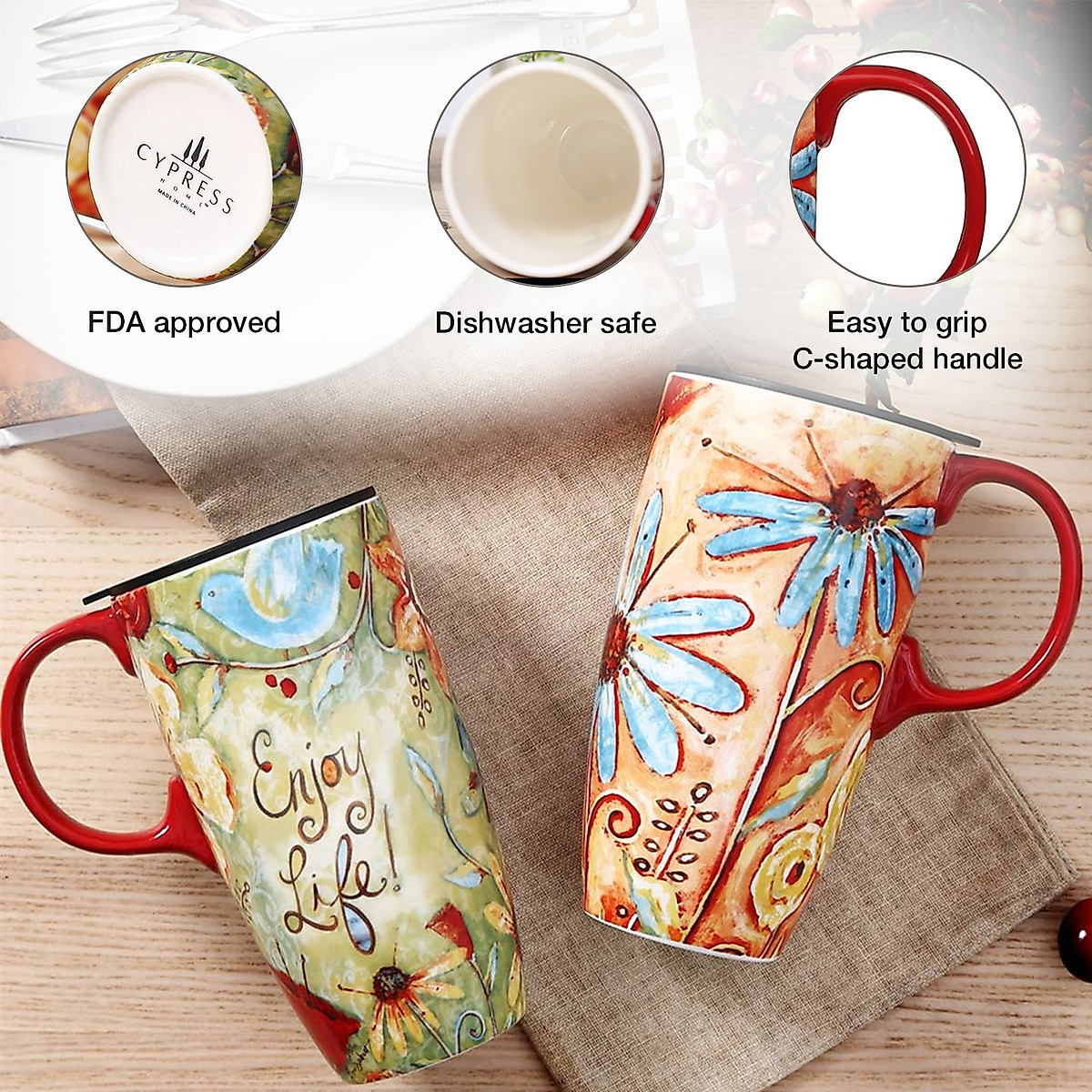 CEDAR HOME Travel Coffee Ceramic Mug Porcelain Latte Tea Cup With Lid in Box 17oz., Flower Enjoy Life, 2 Pack