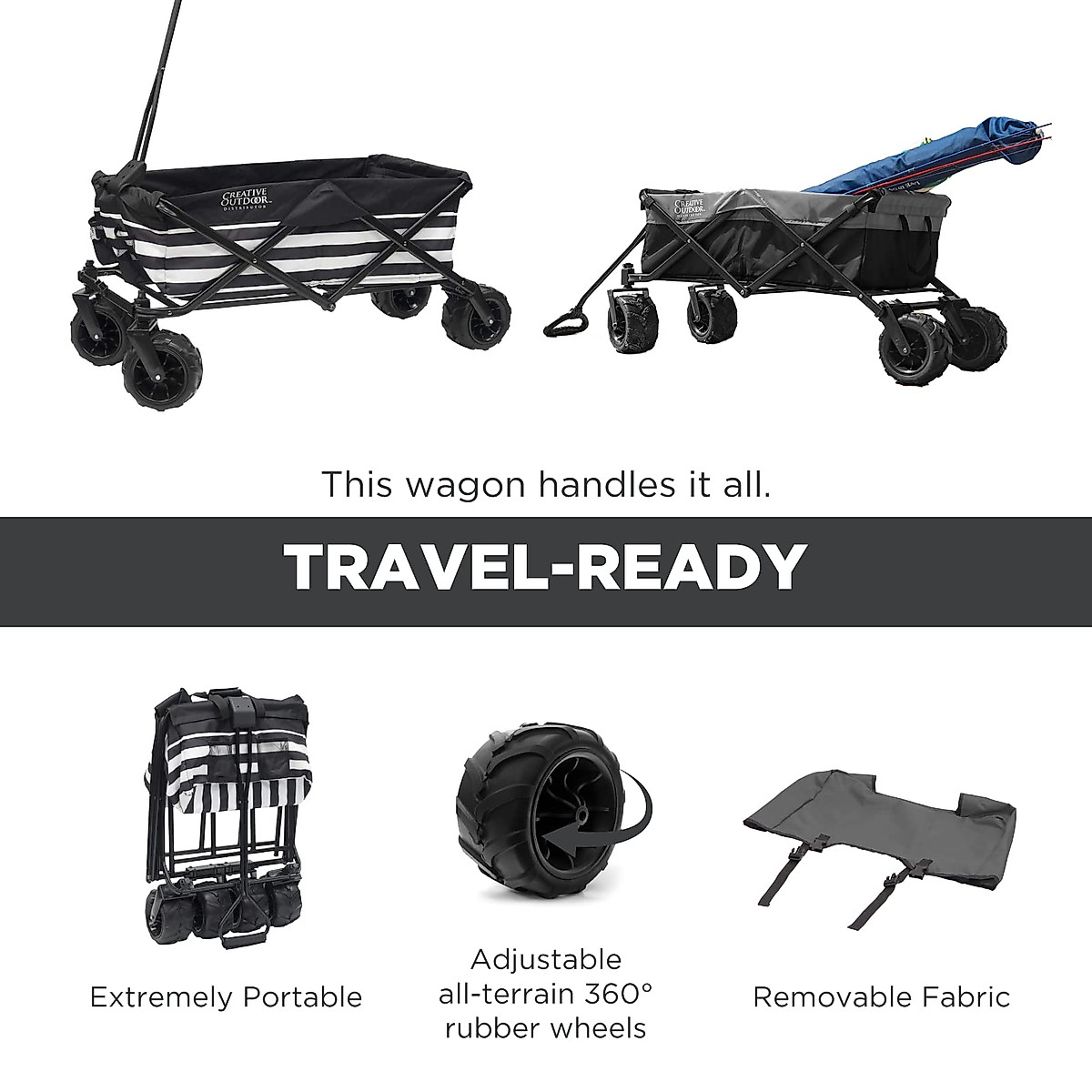 Creative Outdoor Push Pull Stroller Wagon for Kids, 150lbs Weight Capacity, All-Terrain Collapsible Folding Cart with Canopy for Cargo, Beach, Park, Garden, Camping & Tailgate