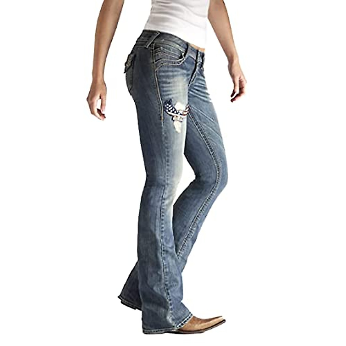 American Flag Eagle Pattern Mid Rise Bootcut Jeans for Women,07-Blue,Medium