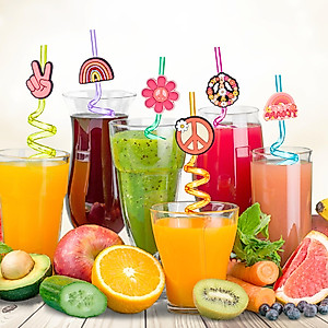 24 Pcs Hippie Boho Party Straws Two Groovy Reusable Plastic Drinking Straws with Cleaning Brush Peace Love 60's Rainbow Flower Birthday Supplies