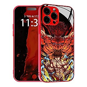 HEMINJYJEF Japanese Anime Protective Anti-Drop Color Shell Manga Pattern Covers Tempered Glass Multicolor Soft Silicone Phone Case (Metal Red, Baki and Yujiro,for iPhone 14 Pro Max)