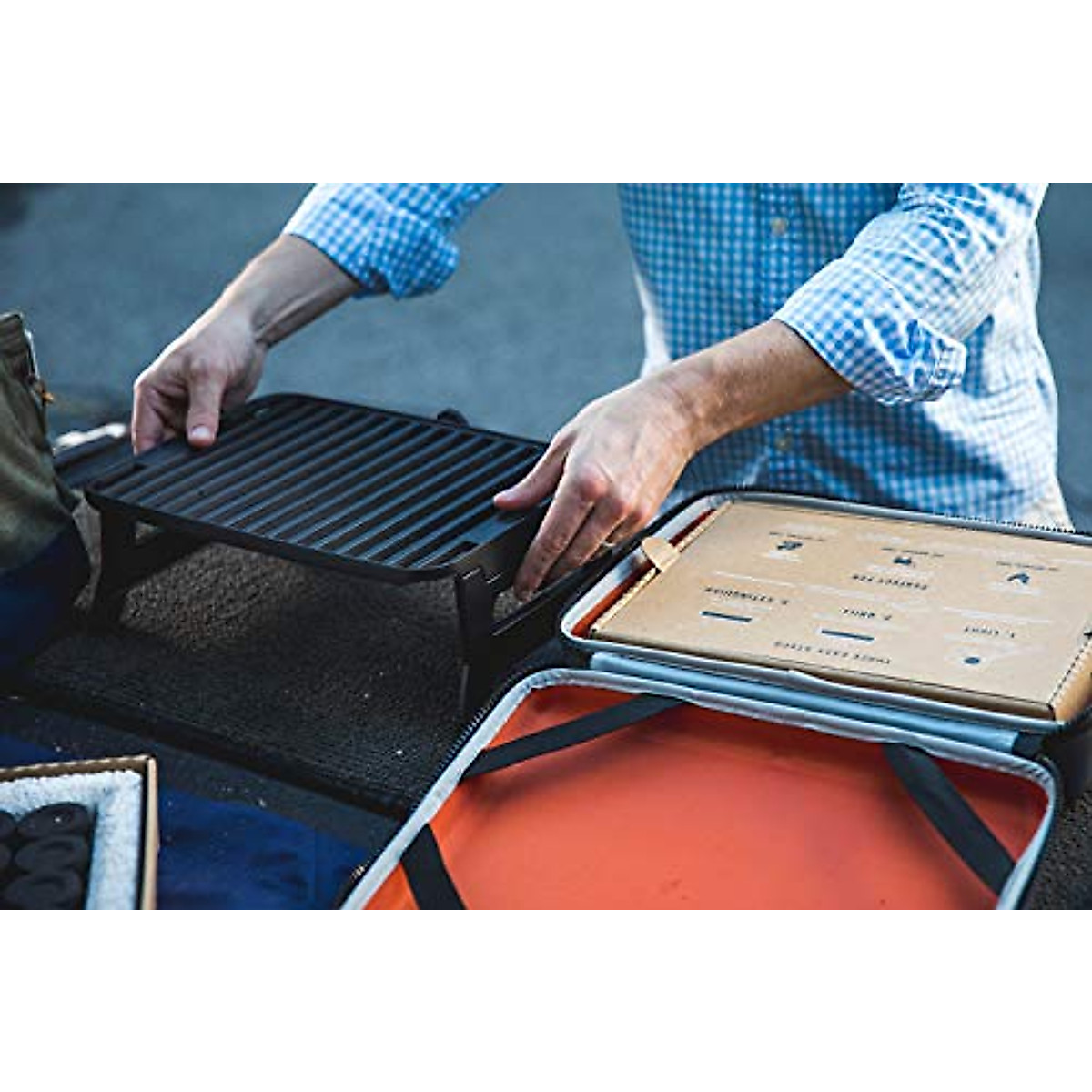 Fire & Flavor Hero Grill System - Ultra-Portable Grill for Camping, Tailgating, and BBQ on the Go - Tabletop Charcoal Grill Set Comes with Spatula, Thermometer, and Cutting Board