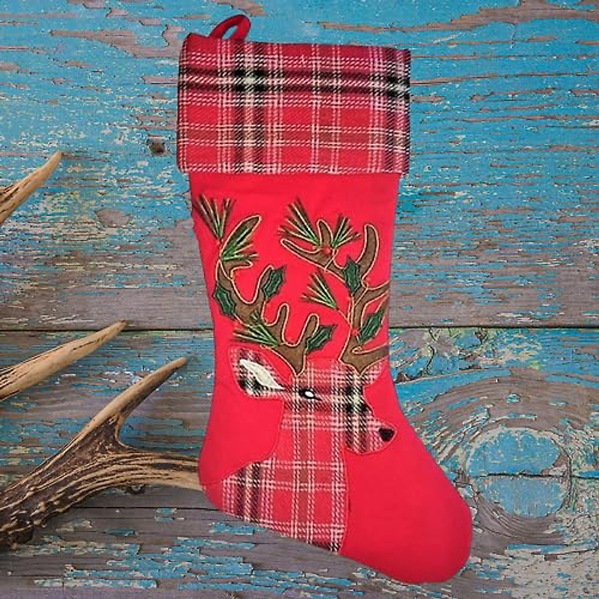 Deer Christmas Stockings for Rustic Cabin Camp Lodge Decor - 18" Embroidered Reindeer, Holiday Red Plaid