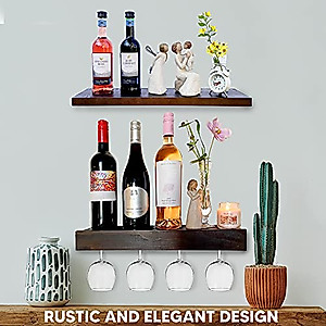 Wine Glass Holder Wall Mounted- Rustic and Compact 17 inch Floating Wine Glass Shelf and Wine Rack Comes with Sturdy hardwares. Made of Real Wood in a Brown Walnut Finish, 2 Tiers.