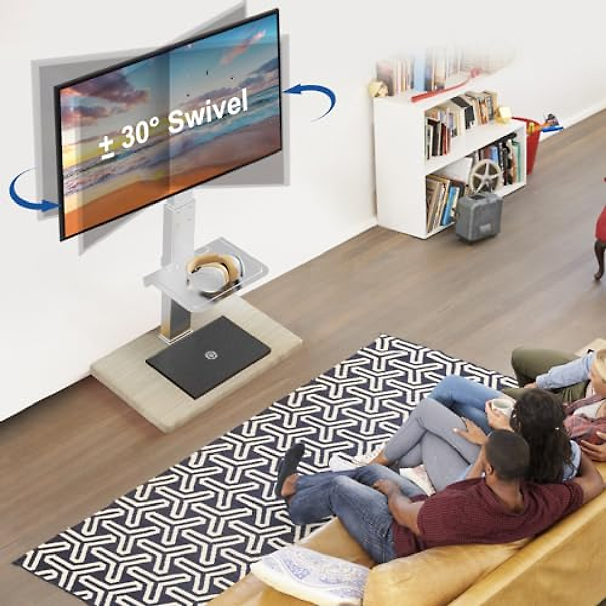 YOMT Floor TV Stand with Swivel Mount for Most TVs up to 75 Inch, Tall Corner TV Stand with Height Adjustable Shelf, Universal TV Mount Stand Holds up to 110 LBS, Upgrade Sturdy Wood Base, White