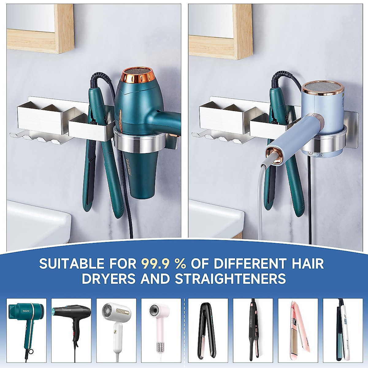 Hair Dryer Holder Wall Mounted, Hair Tool Organizer, Stainless Steel Blow Dryer Holder for Bathroom, Adhesive Hair Straightener Holder Curling Iron Holder with Plug Hook & Storage Compartment