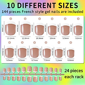 Monja Gel Press On Nails 144pcs French Tips Short Square Nail Tips Soft Gel Fake Nails 10 Sizes Strong Adhesion Nails Faster to Extension Brown White Colors