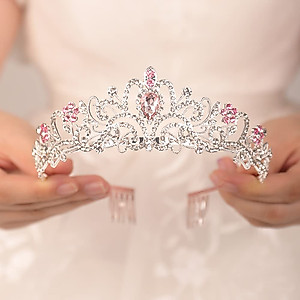 JWICOS Silver Rhinestone Tiara and Crown for Women Elegant Pink Crystal Crown with Combs Princess Birthday Crown for Brides Bridal Wedding Prom Birthday Party Hair Accessories (Pink)