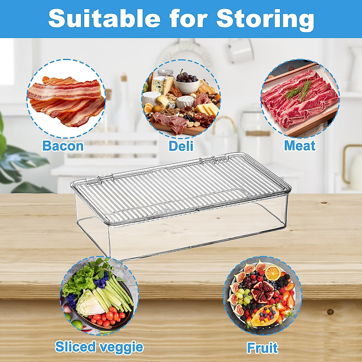 Wensdr Bacon Container with Serving Tong for refrigerator Cheese Storage Container with Lid Large Capacity Plastic Lunch Meat Container