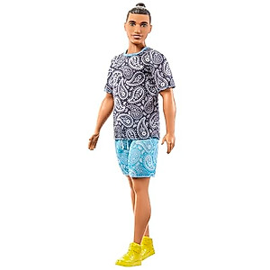 Barbie Ken Doll, Kids Toys, Fashionistas, Brown Hair in Bun, Paisley Tee and Shorts, Clothes and Accessories