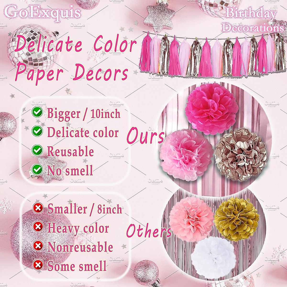 GoExquis Hot Pink Rose Gold Birthday Decorations for Women Girls Butterfly Decor Cake Topper Hanging Swirls Foil Curtain Tassel Garlands Paper Pom Poms Happy Birthday Banner Balloons