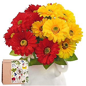 SNAIL GARDEN 12Heads Artificial Daisy Silk Flowers, 2 Colors Silk Gerbera Daisies Flowers with 1 Vase Kraft Paper Bag for Home Office Baby Shower Décor Wedding Bridal Flower Arrangement(Red & Yellow)