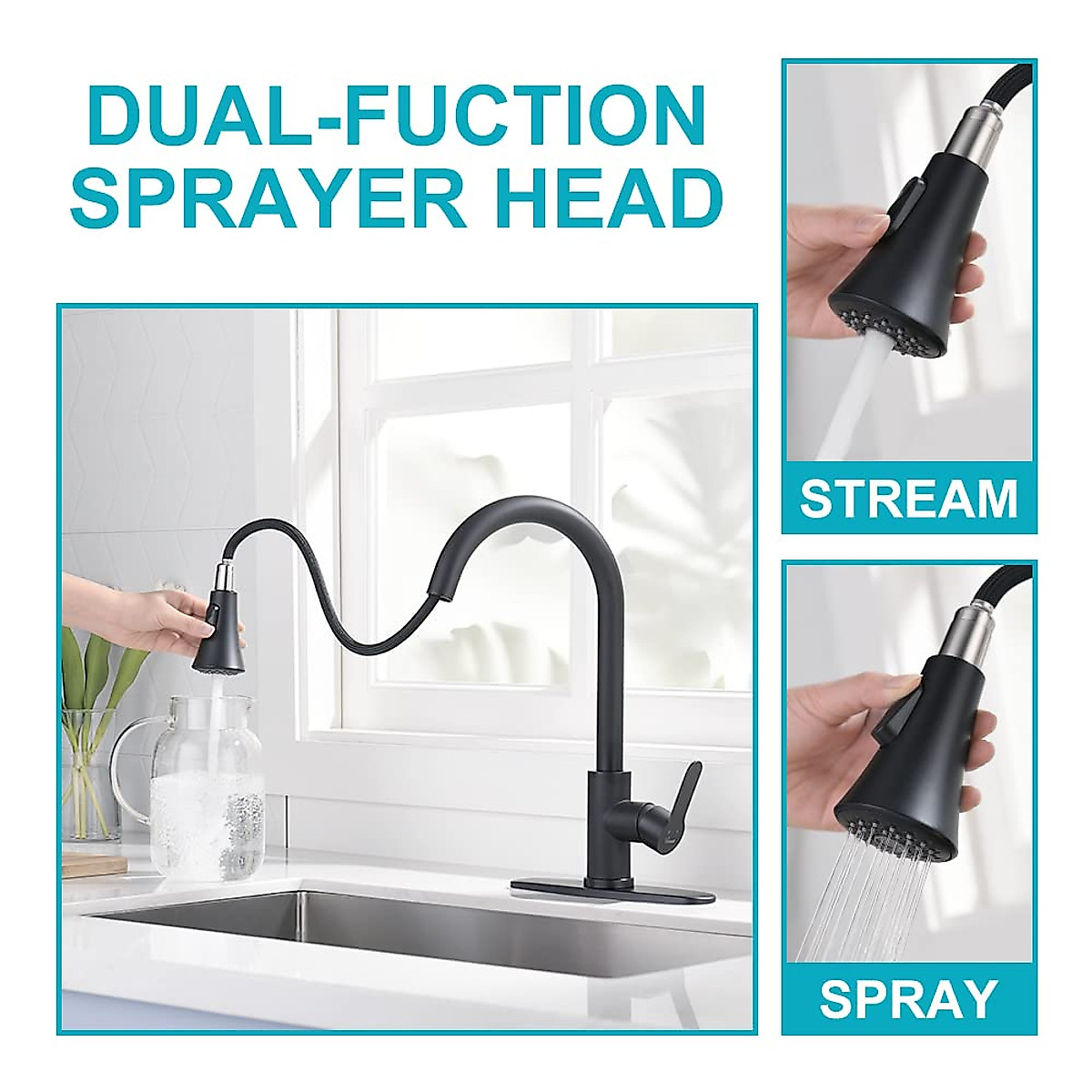 Vimco Kitchen Faucet with Pull Down Sprayer, Single Handle High Arc Faucet 1&3 Hole with Deck Plate, Kitchen Sink Faucet with Sprayer 1.8 GPM, Matte Black