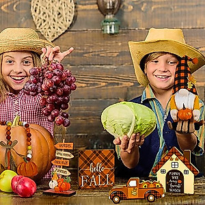 12 PCS Fall Decorations for Home, Fall Tiered Tray Decor, Rustic Farmhouse Autumn Wooden Signs Plush Gnome Bead Garland Pumpkins Maple Leaves Banner Hello Fall Ornament for Harvest Table Centerpieces