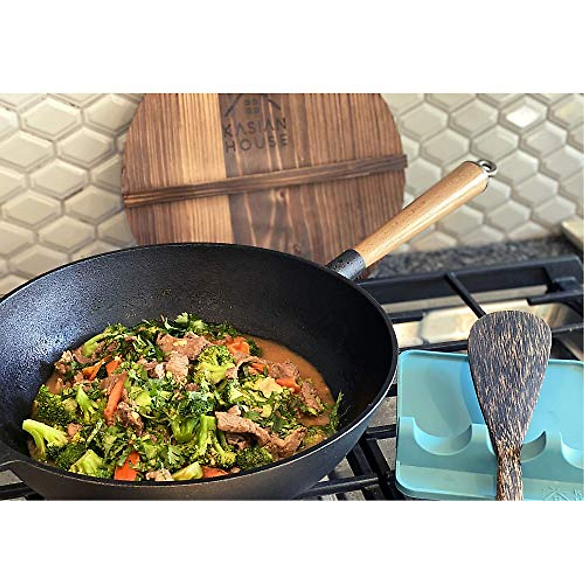 Kasian House Cast Iron Wok with Wooden Handle and Lid, Pre-Seasoned, 12" Diameter Chinese Wok with Flat Bottom, Heavy Duty Stir Fry Pan