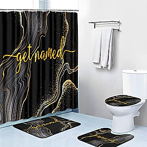 Acxzorpv 4 Pcs Get Named Black Marble Shower Curtain and Rugs Set Bathroom Sets with Bath Mat Waterproof Bathroom Curtain with 12 Hooks (Black)