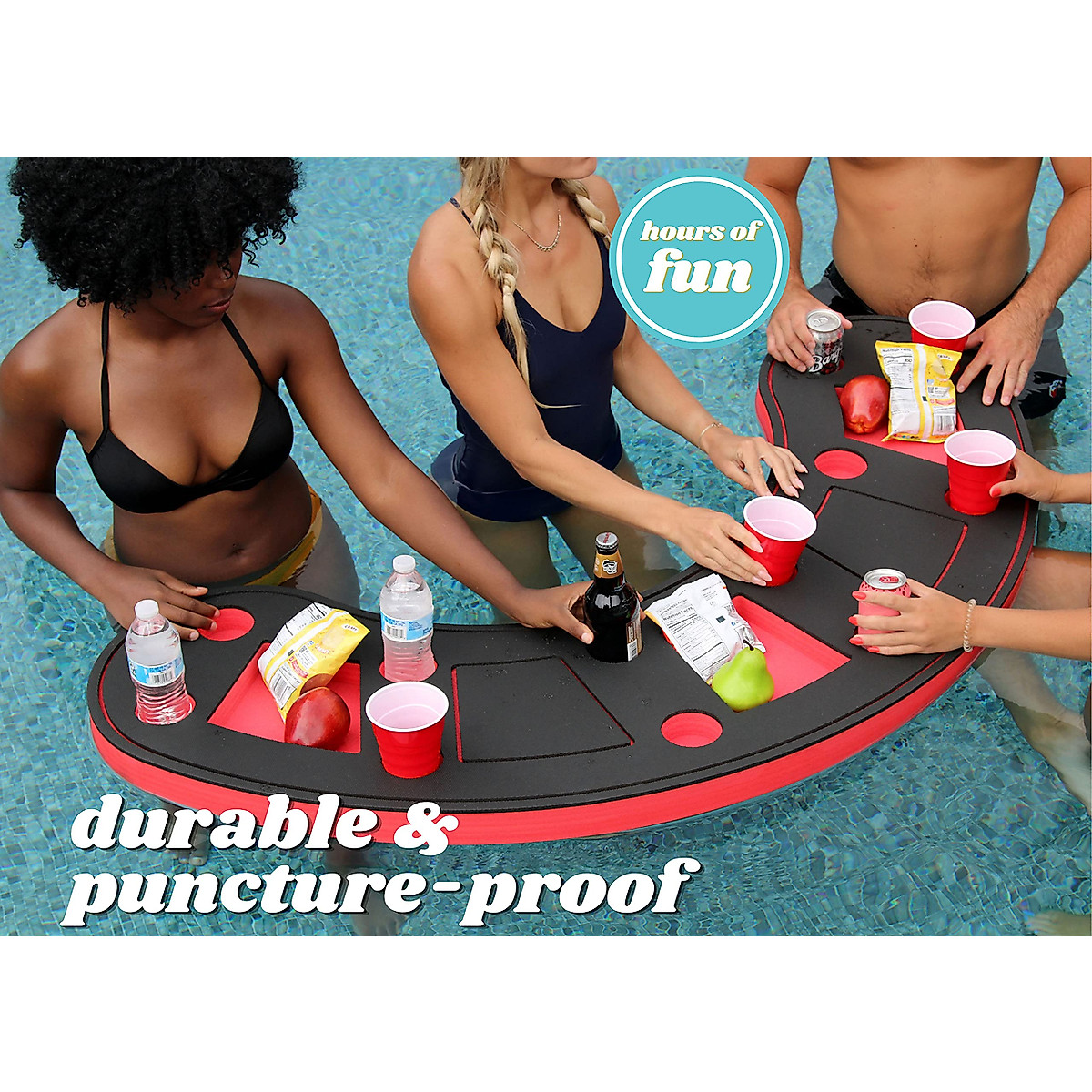 Polar Whale Giant Red and Black Floating Bar Table Tray Bartender Drink Holder for Pool or Beach Party Float Lounge Refreshment Durable UV Resistant Foam 15 Compartment with Cup Holders 5 Feet Long
