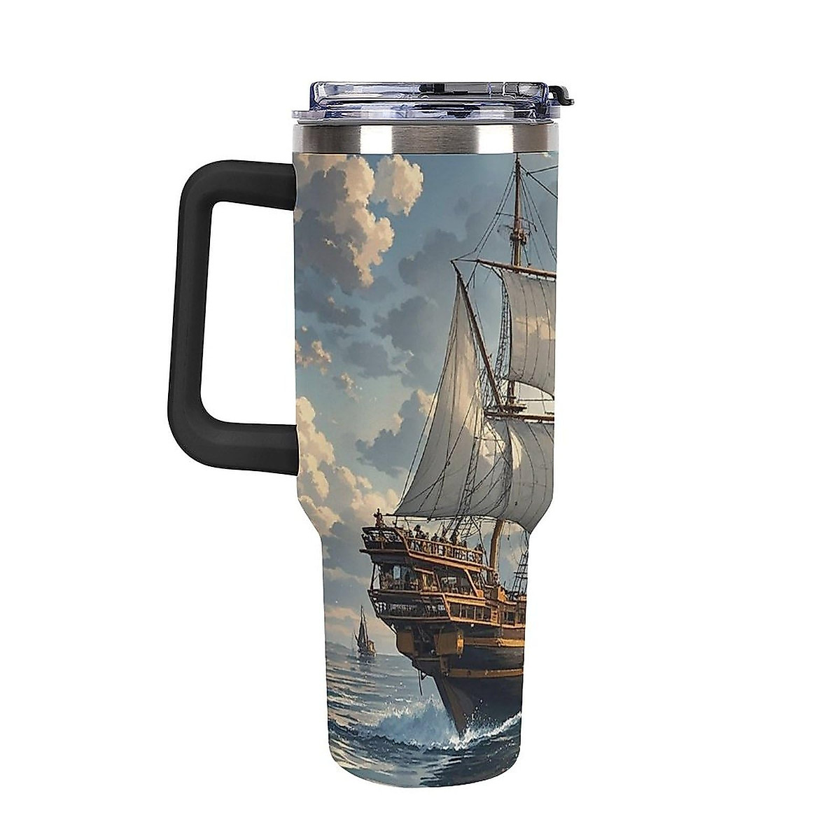 Nautical Sailing Pirate Ship 40 Oz Stainless Steel Tumbler with Handle & Straw Double-Walled Vacuum Insulated Travel Mug for Hot/Cold Drinks, Reusable Thermal Cup for Car Cup Holder