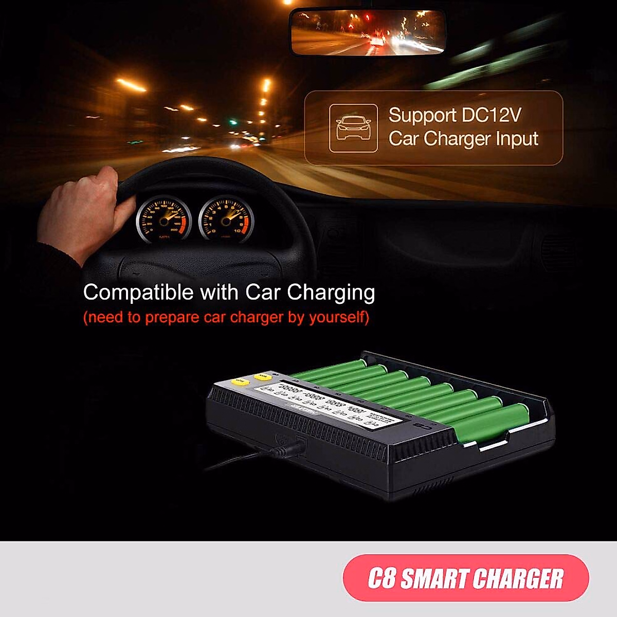 MiBOXER 18650 Battery Charger, 8-Bay Smart Charger with Automatic LCD Display, Fast Charge Rechargeable Li-ion LiFePO4 Ni-MH Ni-Cd AA AAA C 21700 26650 13650 16340 18350 18700 RCR123
