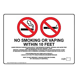 ComplianceSigns.com Oregon No Smoking Within 10 Ft Oregon Air Act Label Decal, 5x3.5 in. 4-Pack Vinyl for State No Smoking