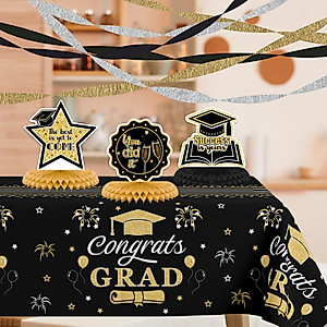 9PCS Graduation Party Decorations Class of 2024 Congrats Grad Table Centerpiece Congratulate Graduation Black and Gold Honeycomb Table Toppers for Graduation Party Supplies