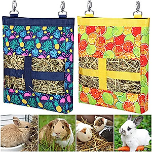 2 Pieces Guinea Pig Hay Bag Washable Pet Rabbit Hay Feeder Bag with 2 Holes Cute Small Animal Hanging Feeder Sack Storage for Rabbit Guinea Pig Chinchilla Hamster Small Pets (Flamingo, Orange)